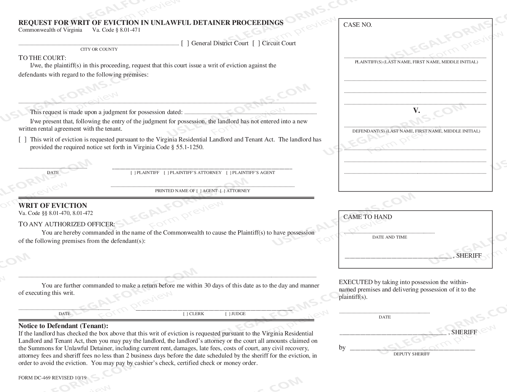 Virginia Request for Writ of Possession in Unlawful Detainer ...