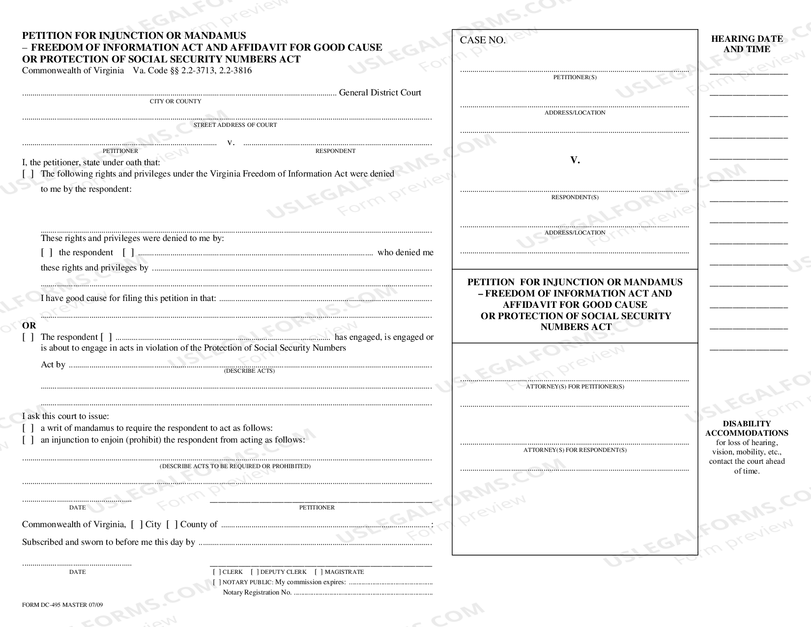 Virginia Petition and Affidavit for Good Cause For Injunction of ...
