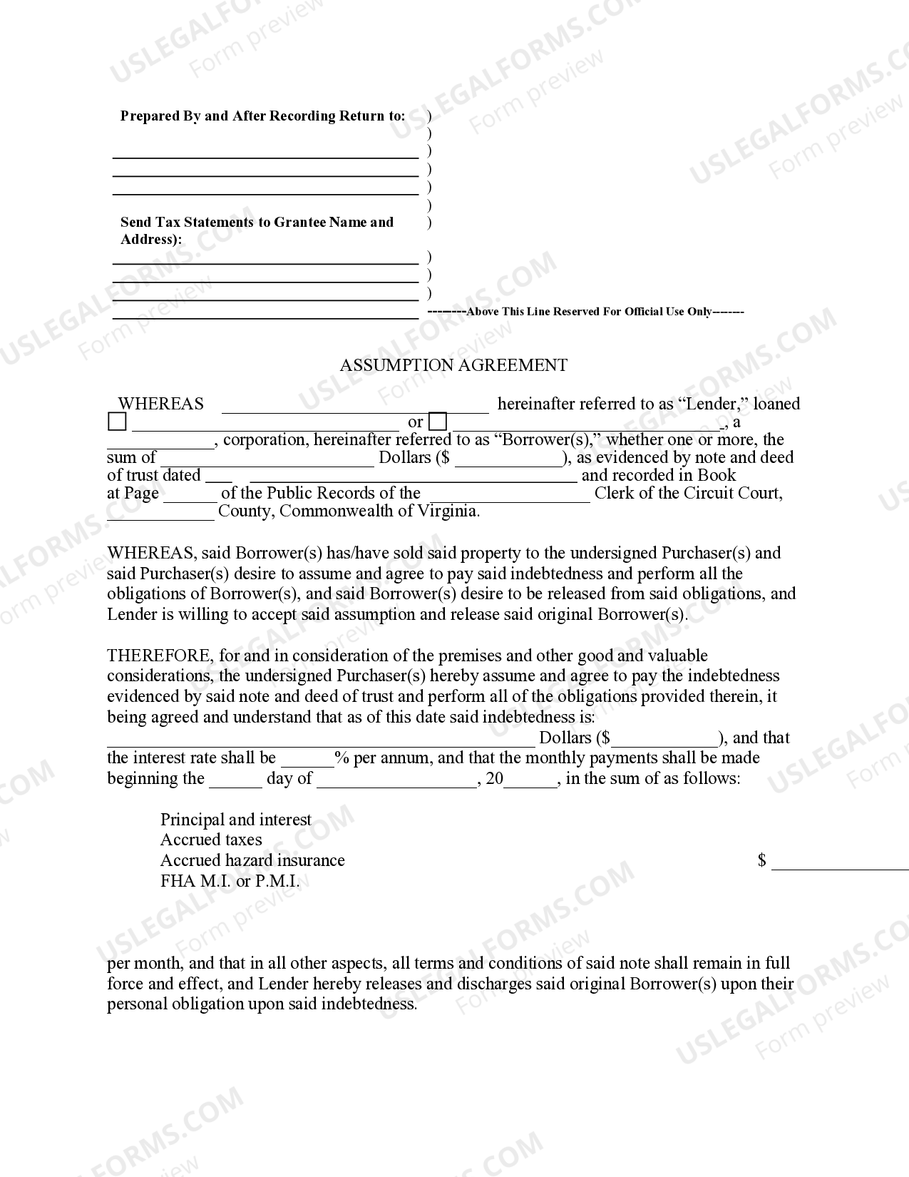 Virginia Assumption Agreement of Deed of Trust and Release of Original ...
