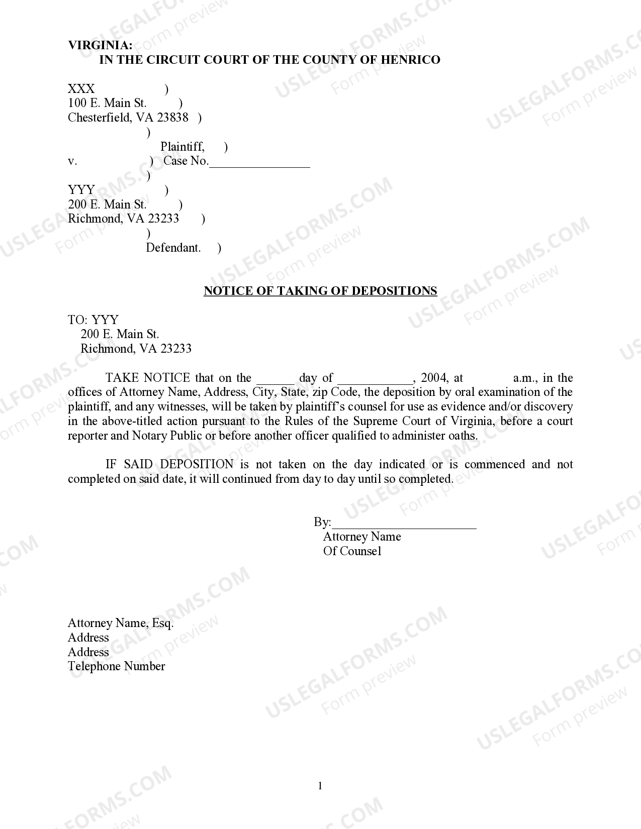 Virginia Notice of Taking of Depositions - Discovery - Notice For ...