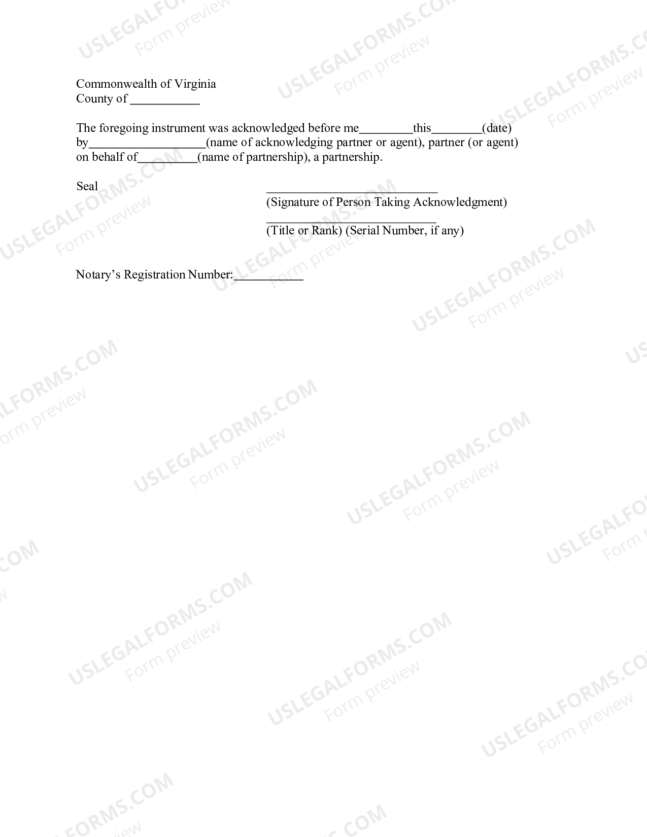 Virginia Acknowledgment for Partnership | US Legal Forms