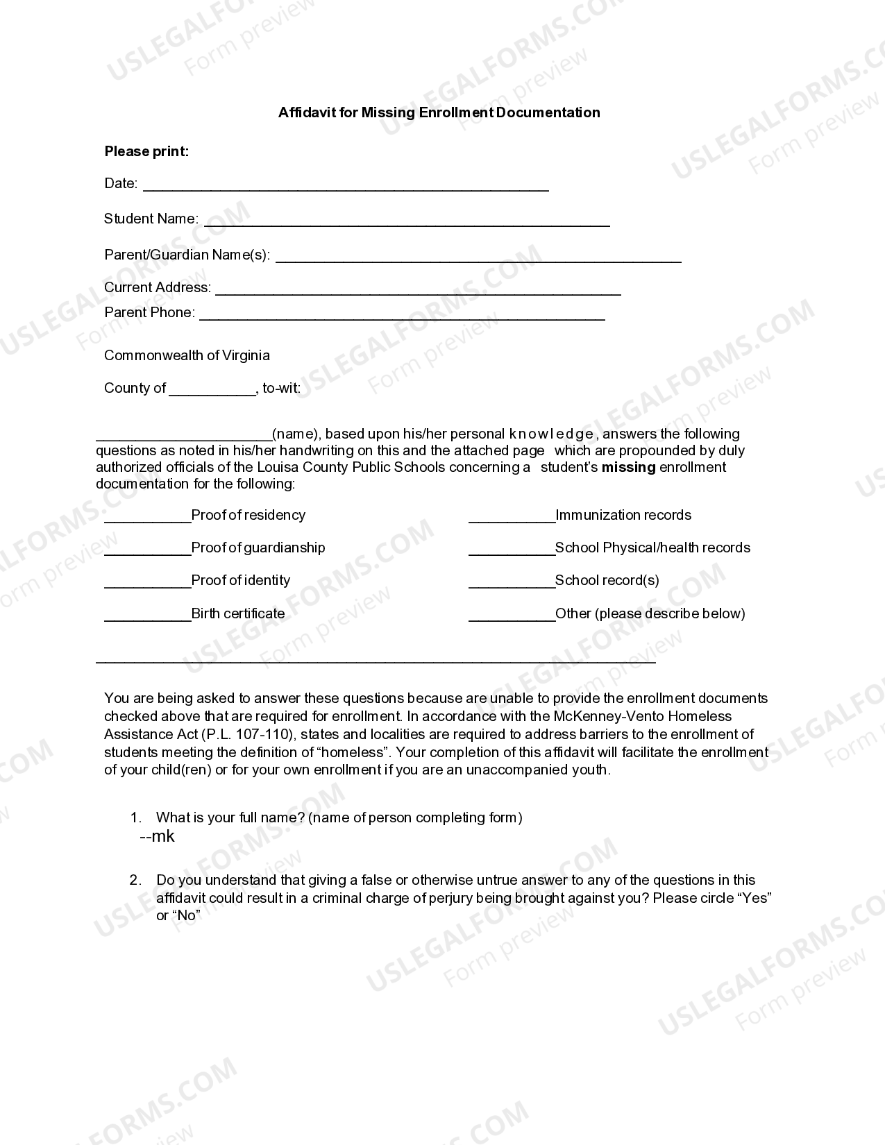 Virginia Affidavit for Missing Enrollment Documentation | US Legal Forms
