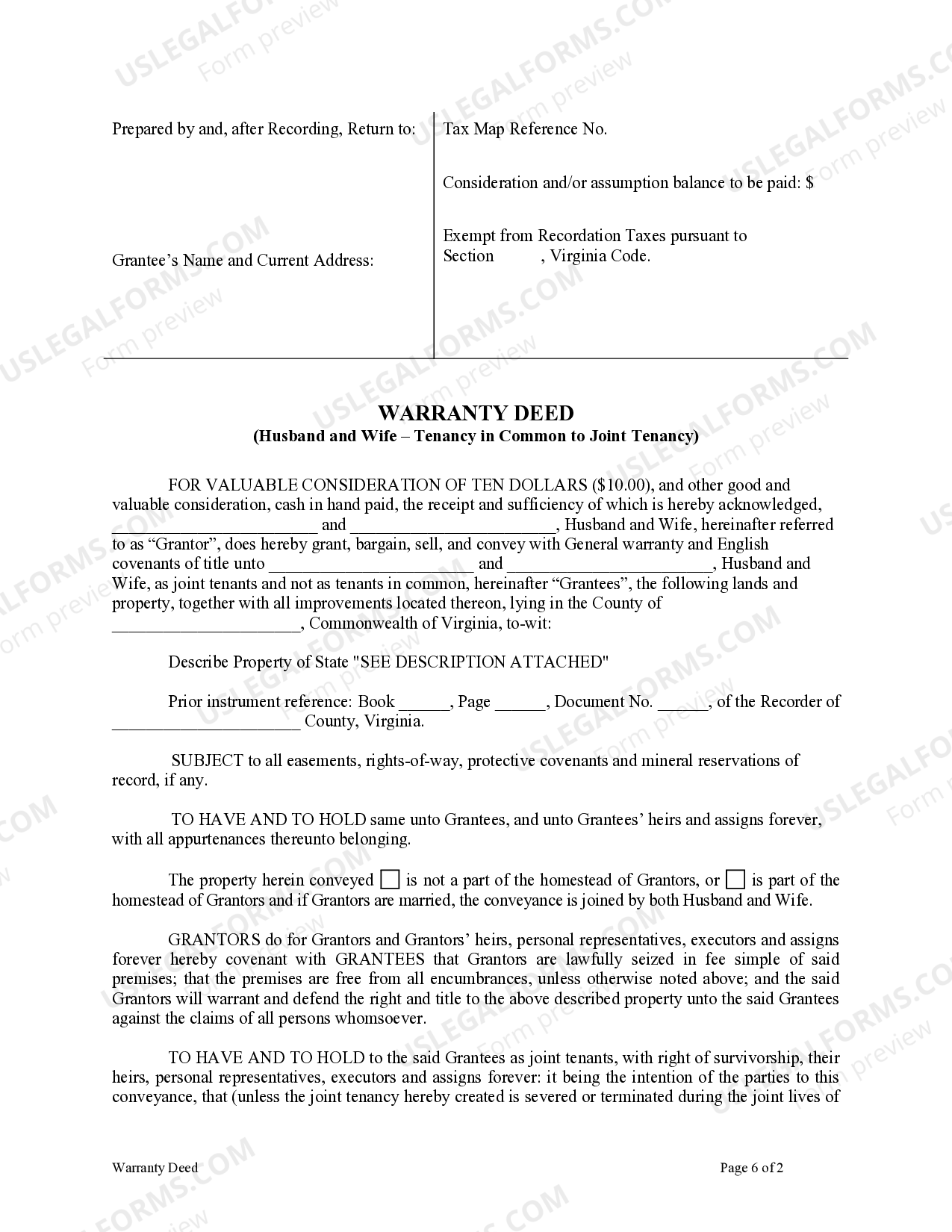 Virginia Warranty Deed for Husband and Wife Converting Property from ...