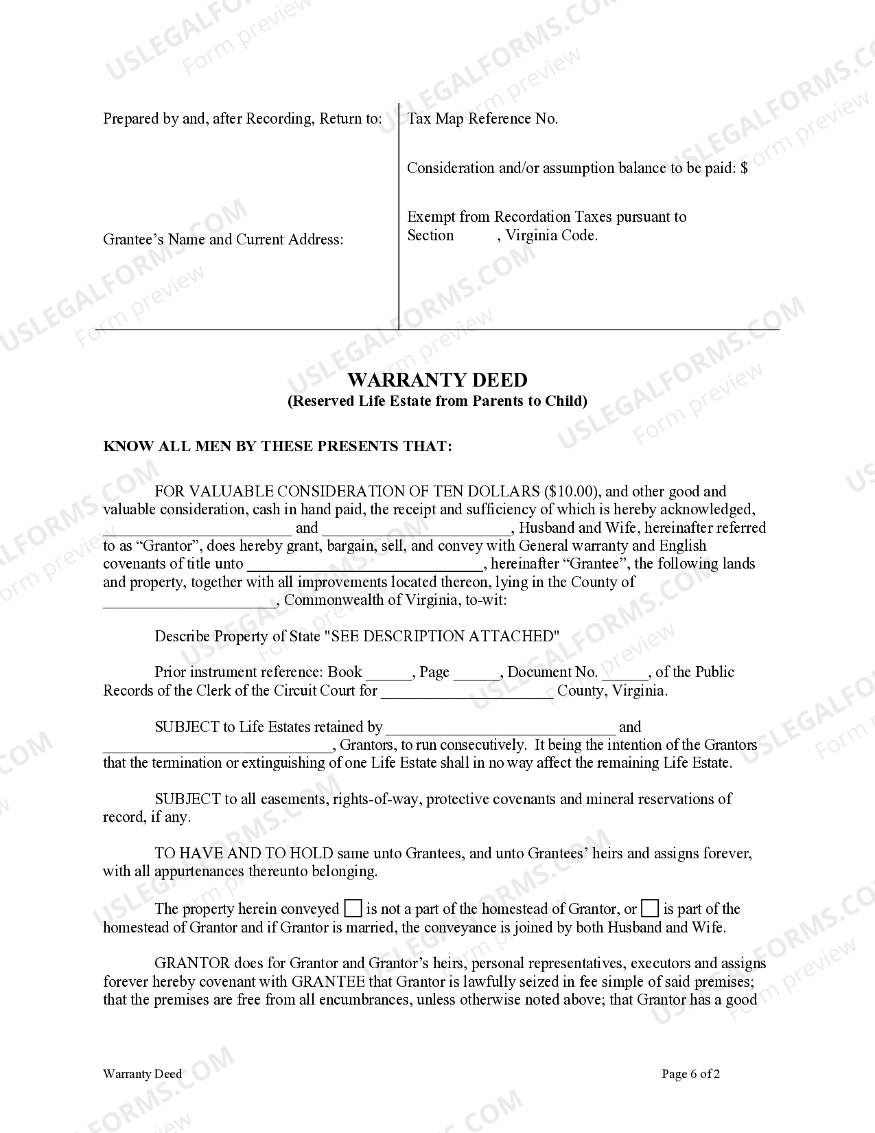 Virginia Warranty Deed for Parents to Child with Reservation of Life ...