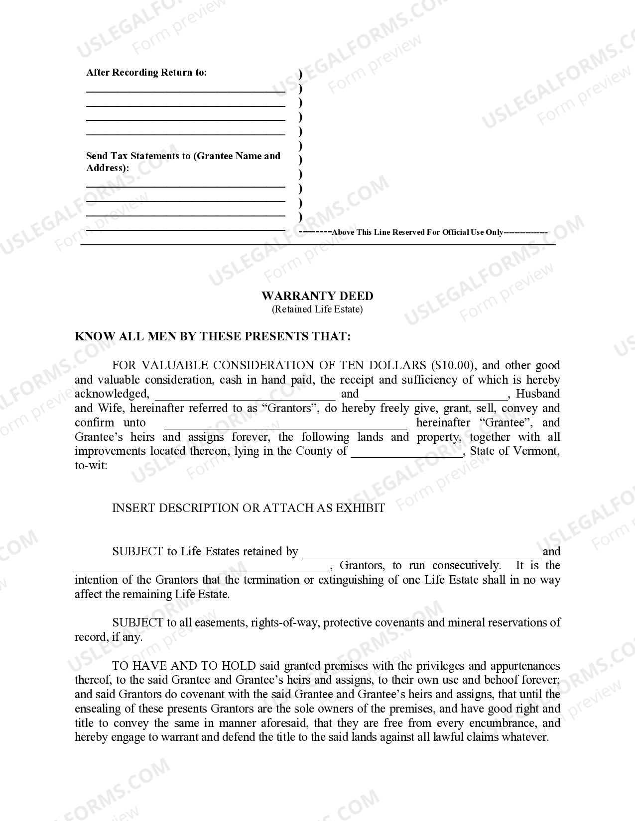 Vermont Enhanced Life Estate Deed Form | US Legal Forms