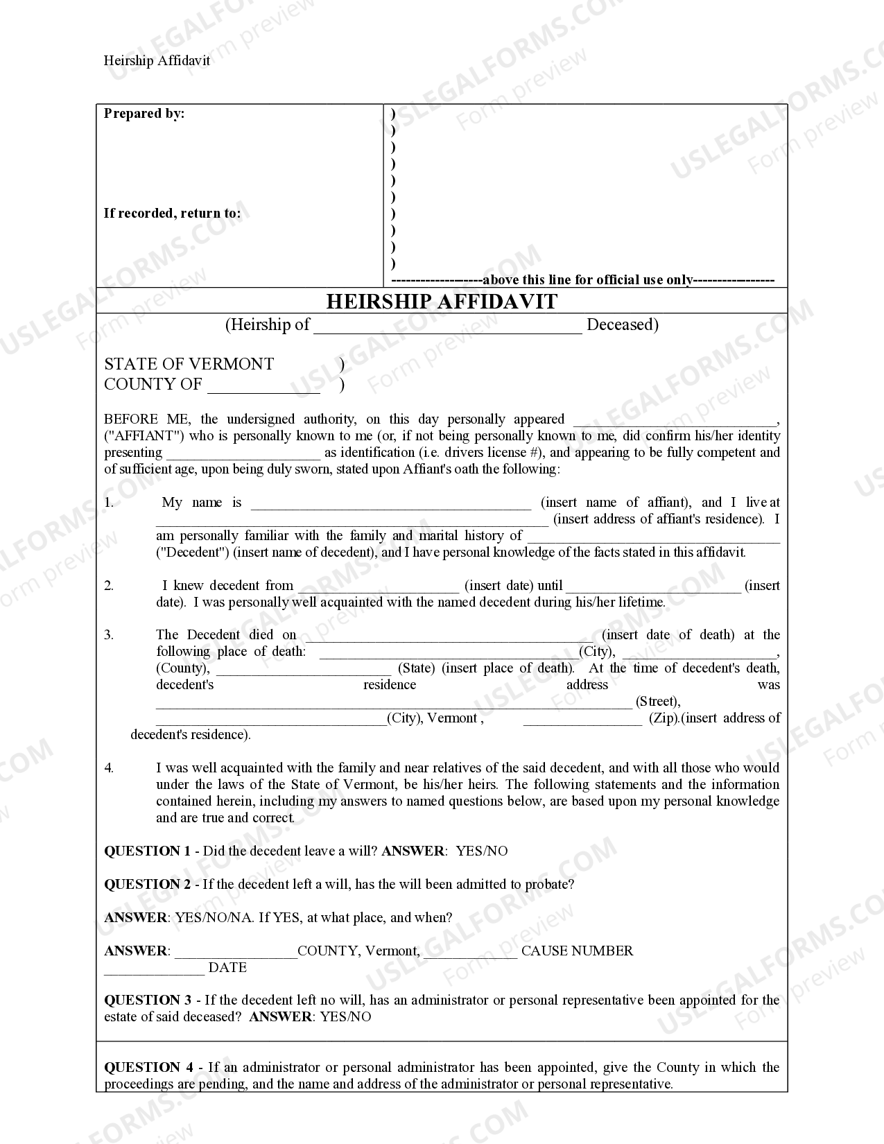 Vermont Heirship Affidavit - Descent | US Legal Forms