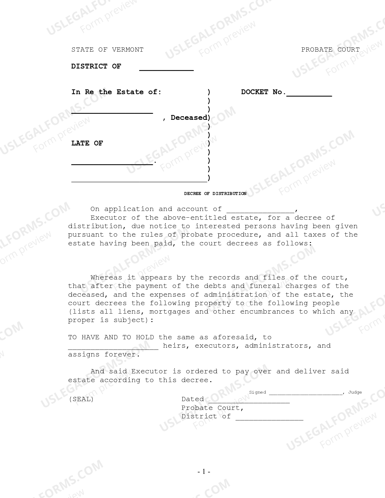 Vermont Decree of Distribution - Decree Of Distribution | US Legal Forms