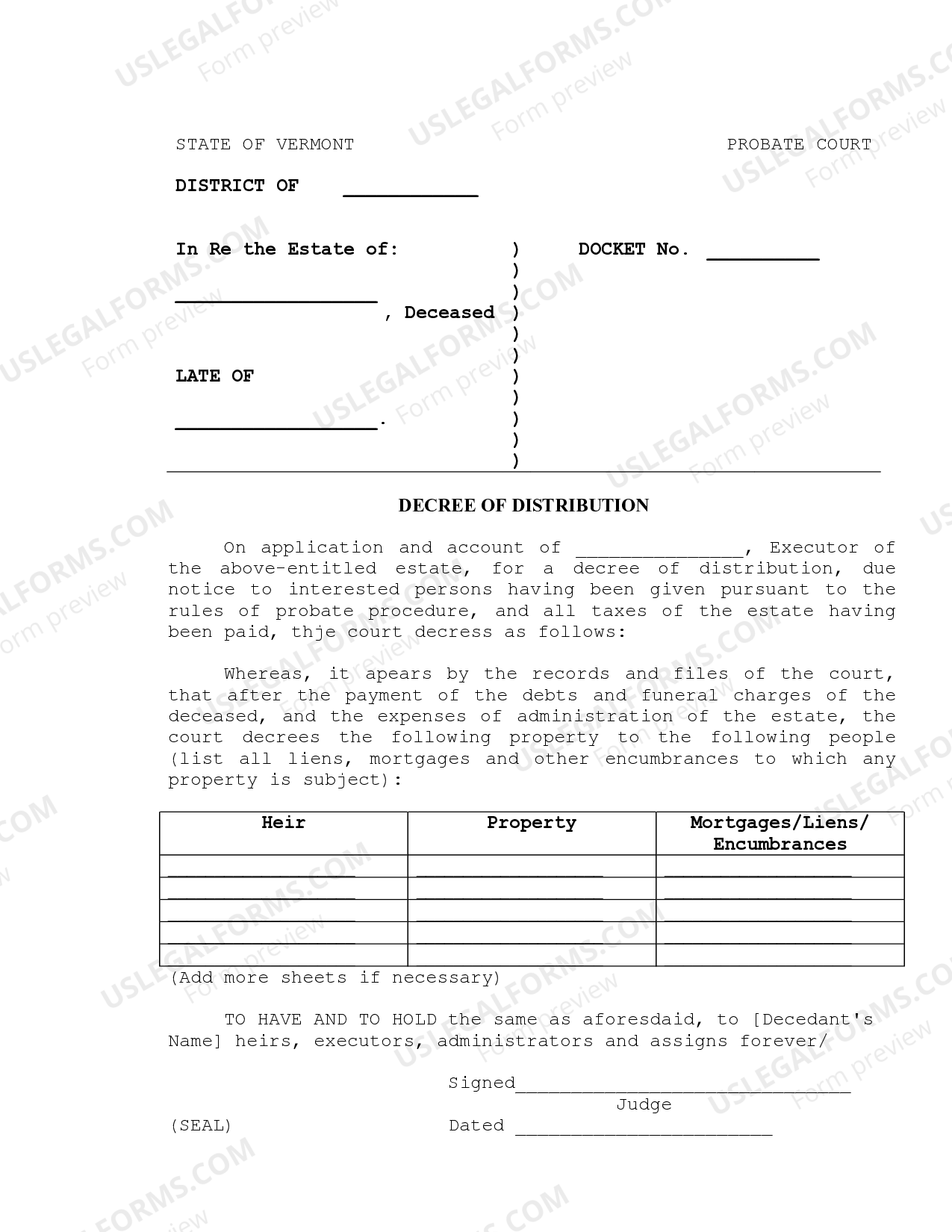 Vermont Decree of Distribution - Alternate Form | US Legal Forms