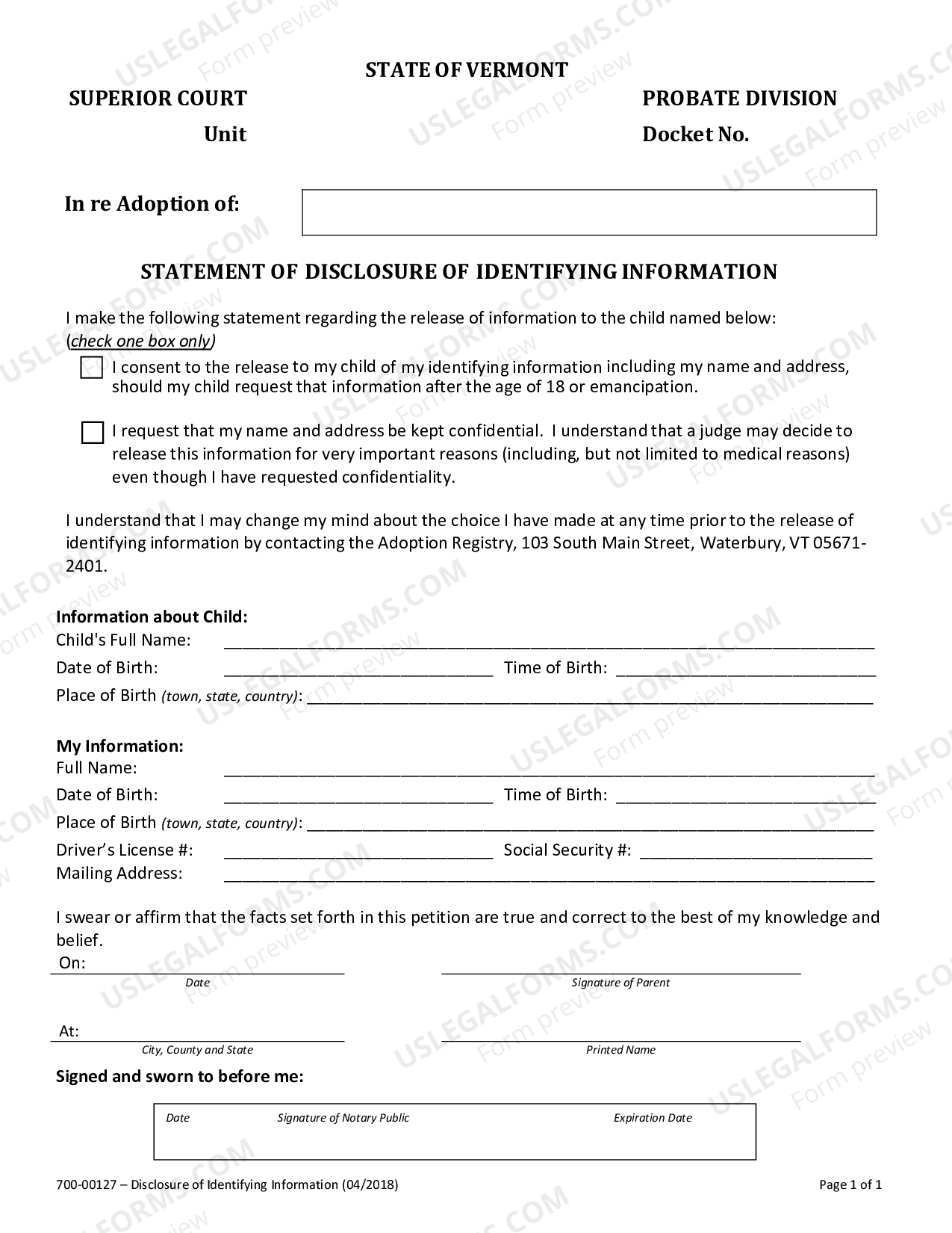 Vermont Statement of Disclosure of Identifying Information | US Legal Forms