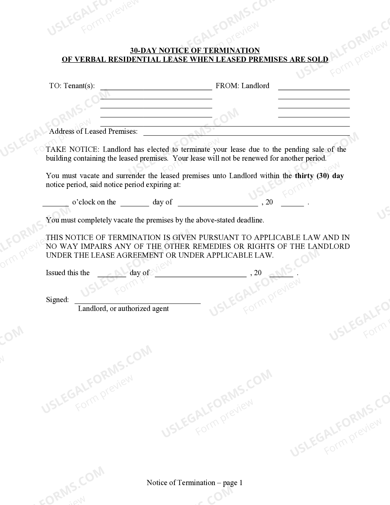 Vermont 30 Day Notice to Terminate Verbal Lease When Leased Premises is ...