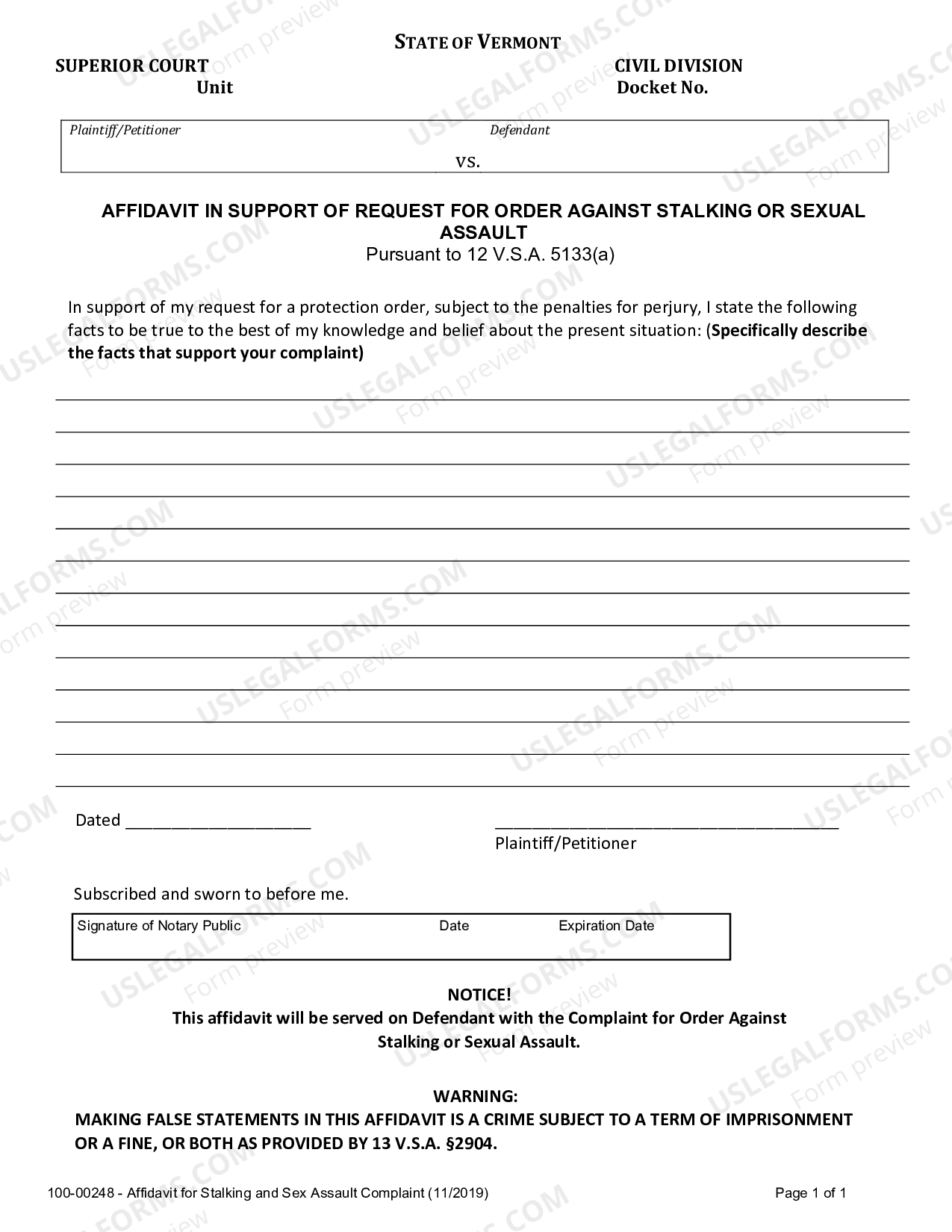Vermont Affidavit in Support of Request for Order Against Stalking or ...