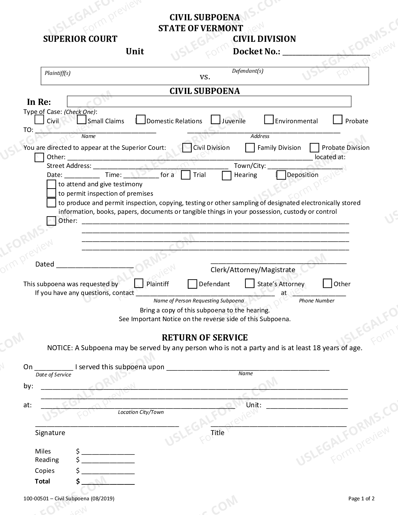 Vermont Subpoena Form | US Legal Forms
