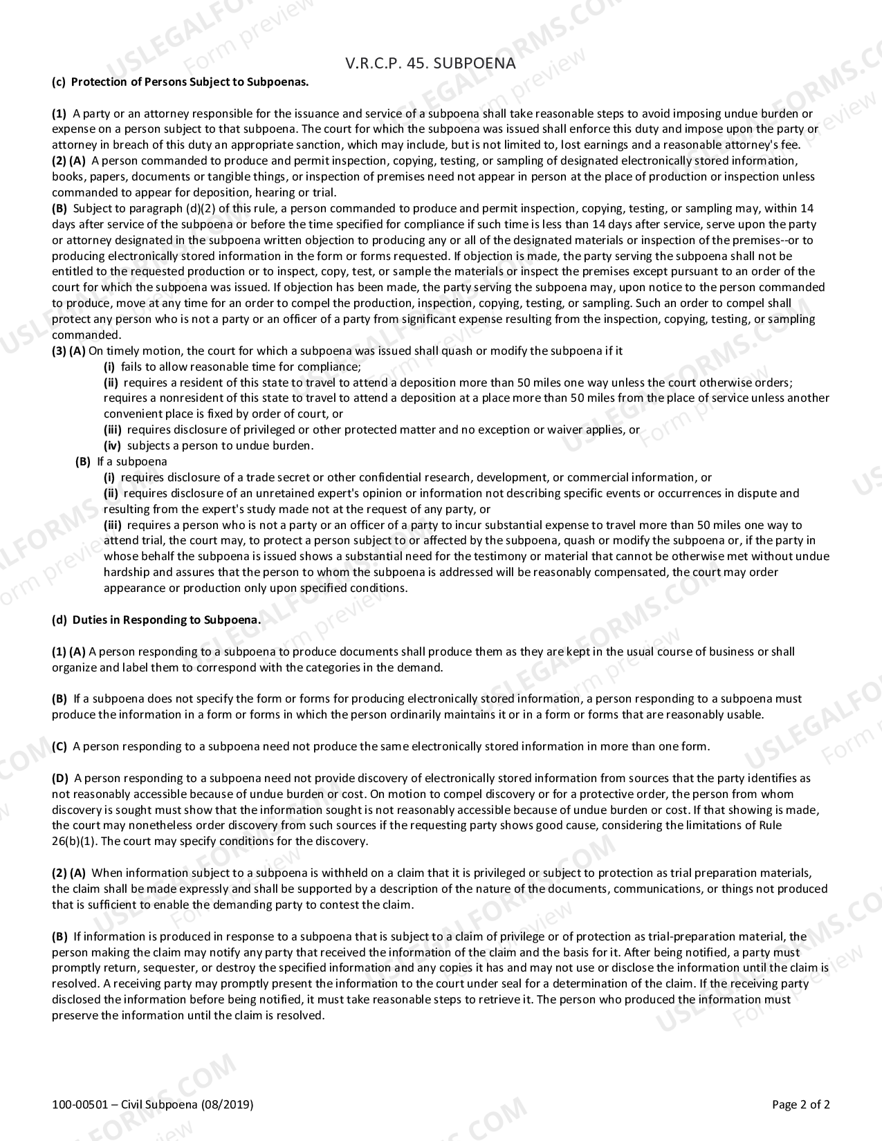 Vermont Subpoena Form | US Legal Forms