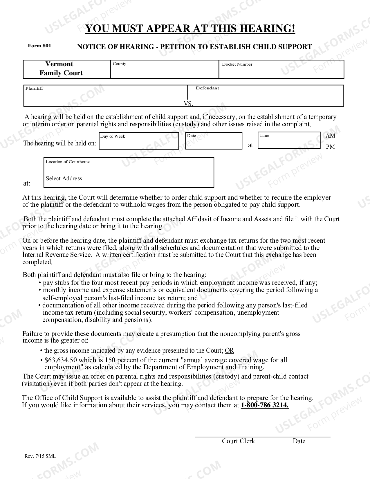 Vermont Notice of Hearing - Child Support Vt | US Legal Forms