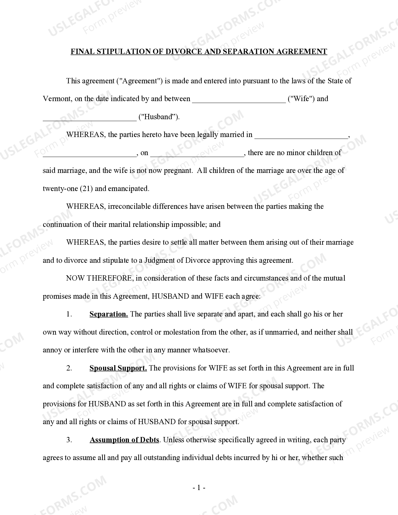 Vermont Final Stipulation of Divorce and Separation Agreement with ...