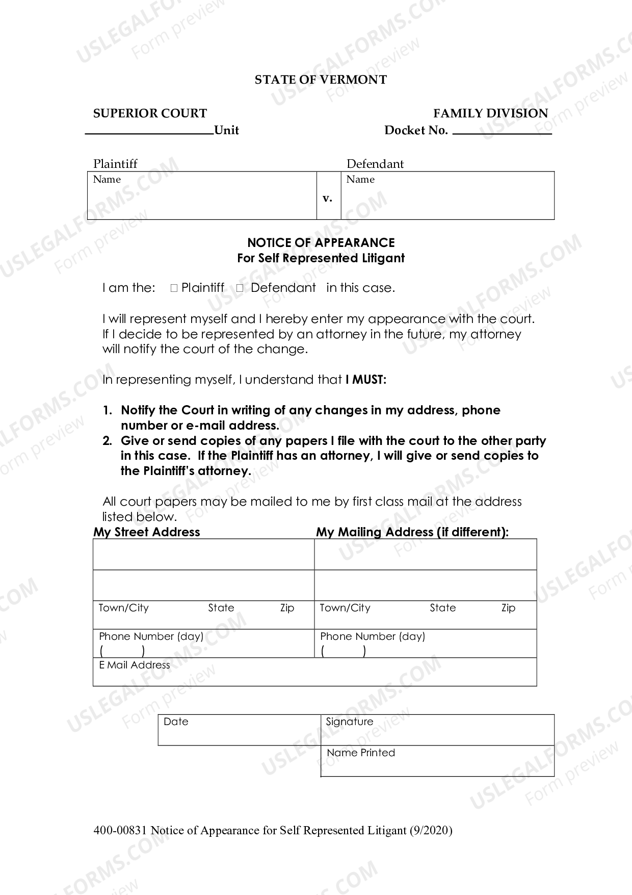 Vermont Notice of Appearance by Pro Se Plaintiff | US Legal Forms