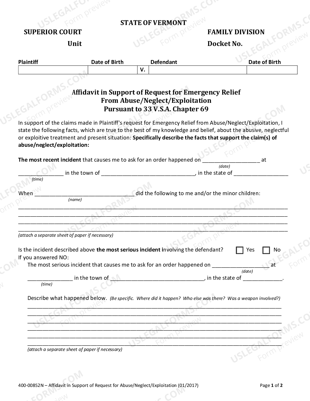 Vermont Affidavit in Support of Request for Emergency Relief from Abuse ...