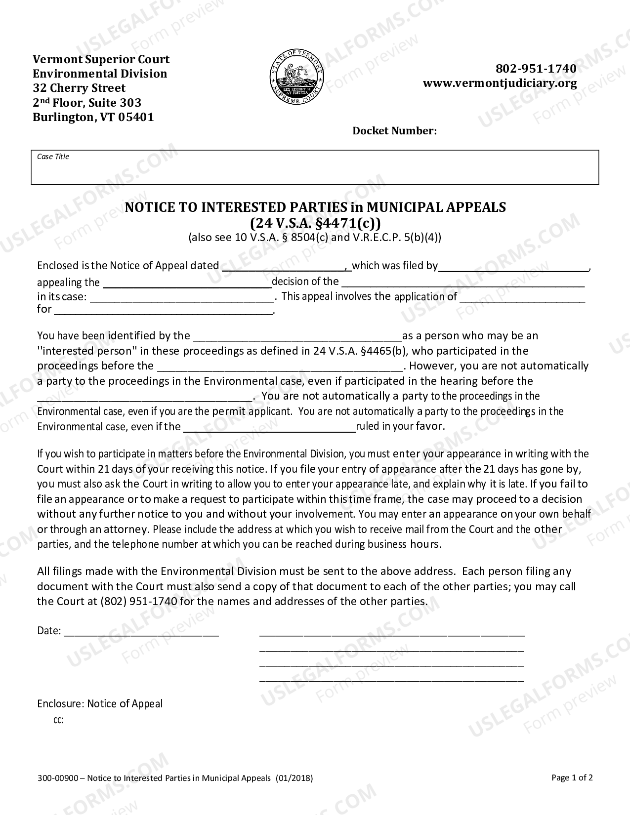 Vermont Notice To Interested Parties
