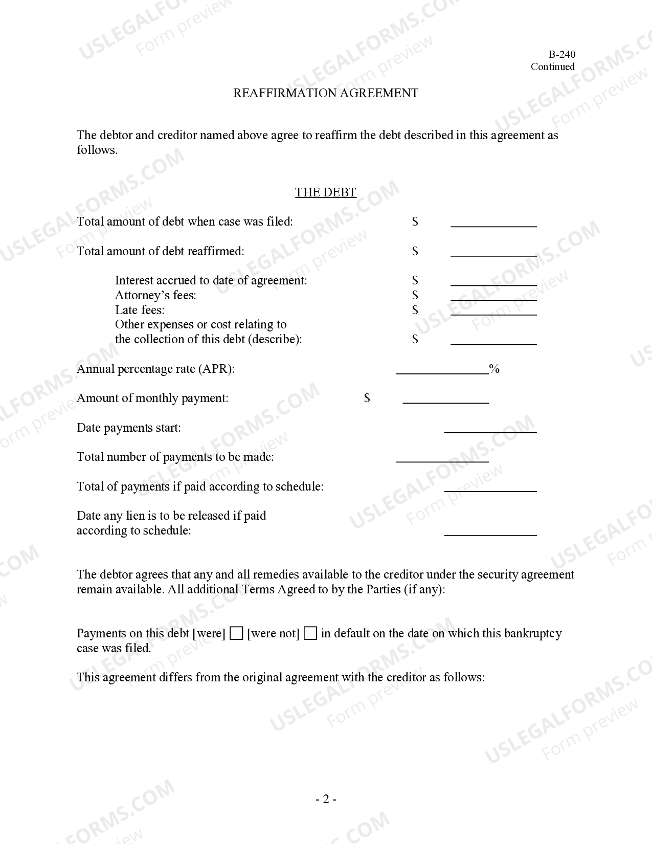 Vermont Reaffirmation Agreement | US Legal Forms