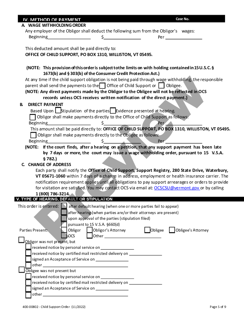 Child Support In Vermont Without Marriage US Legal Forms