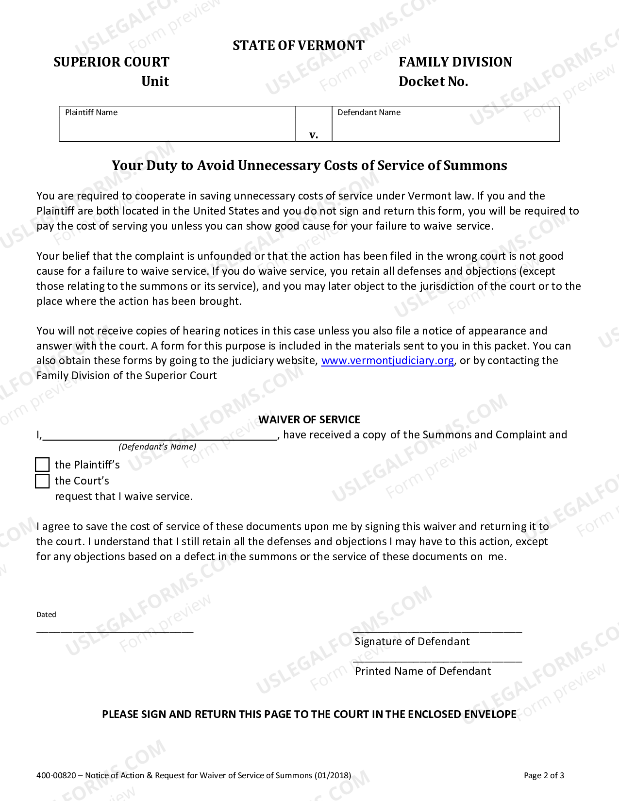 Vermont Notice and Acknowledgment of Receipt of Summons and Complaint ...