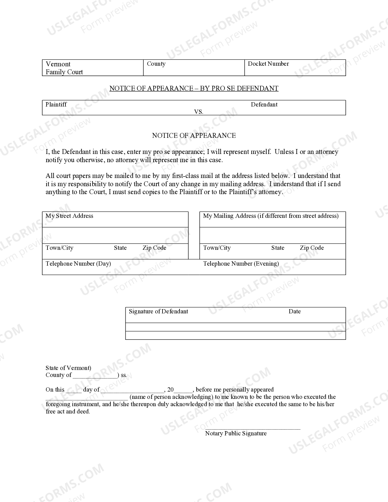 Vermont Notice of Appearance by Pro Se Defendant | US Legal Forms