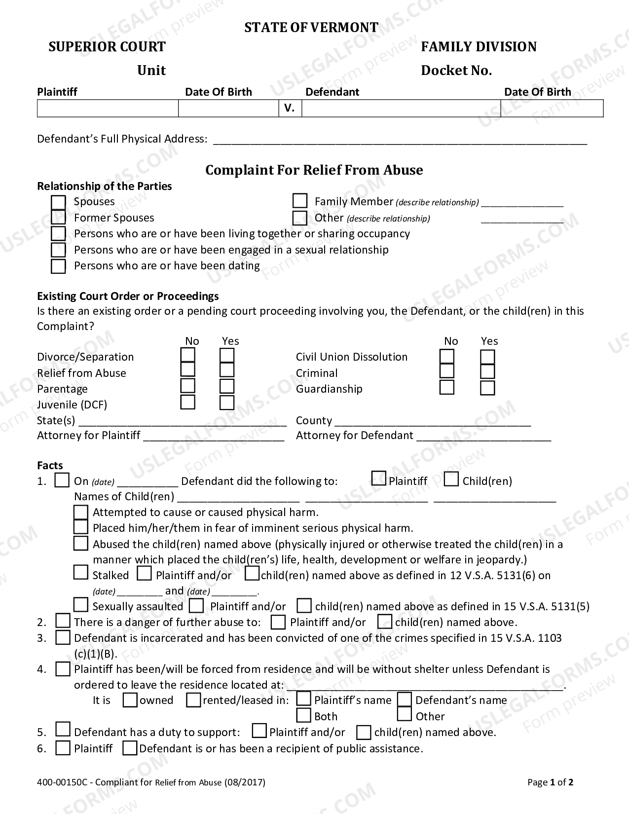 Vermont Complaint for Relief from Domestic Abuse | US Legal Forms