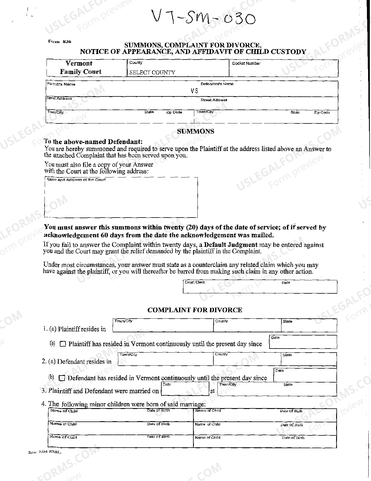 Vermont Summons, Complaint for Divorce Notice of Appearance, and ...