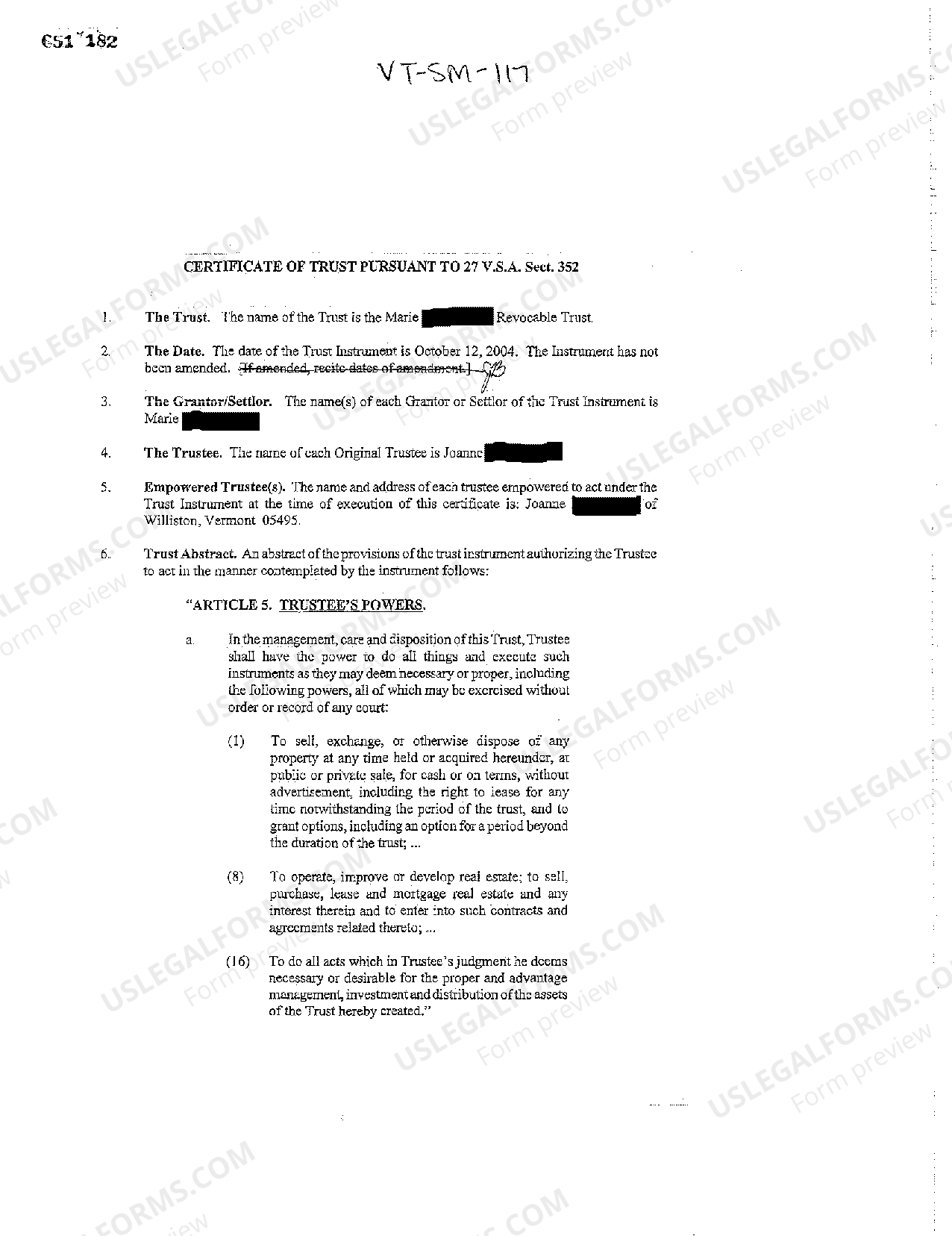 Vermont Certificate of Trust | US Legal Forms