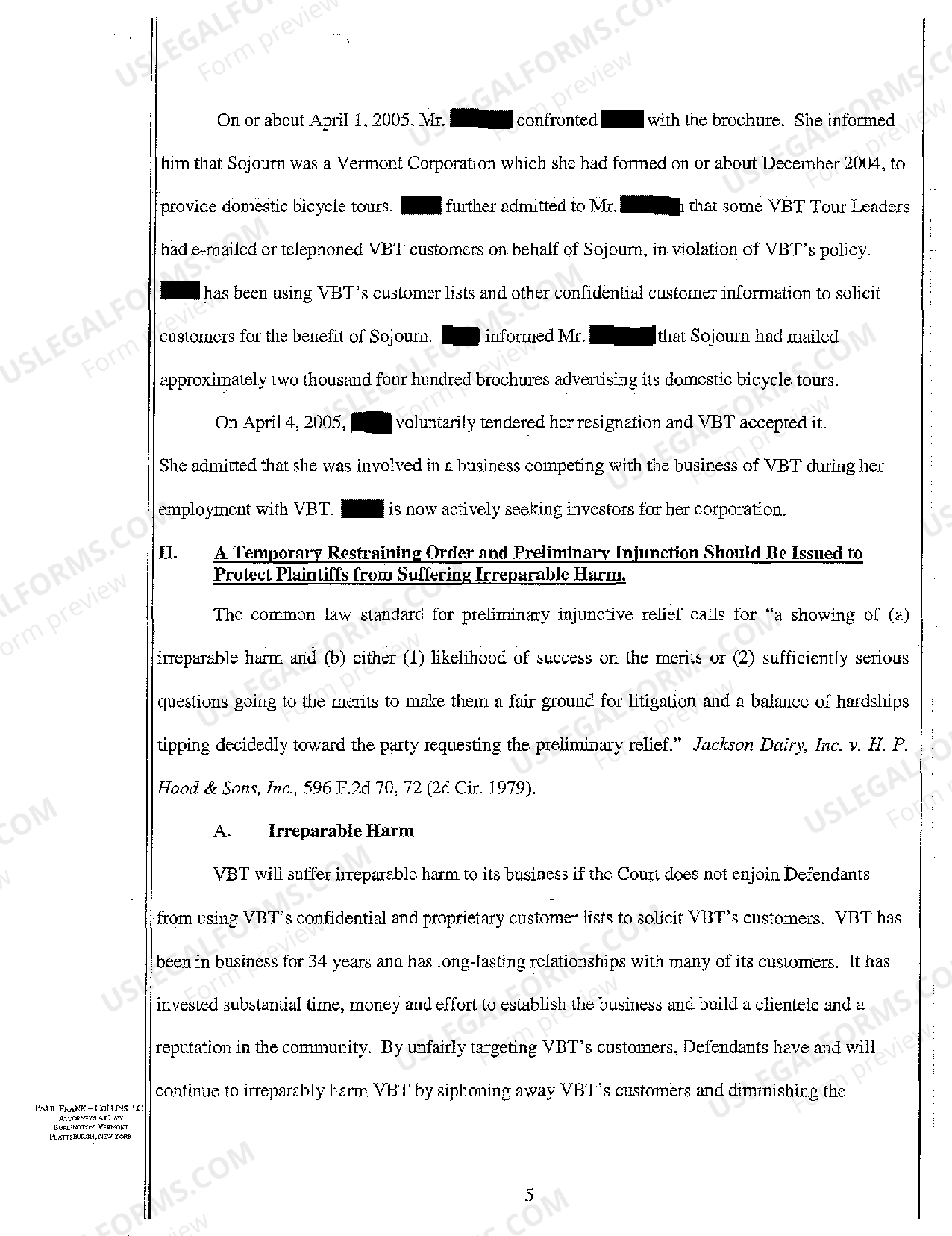 Vermont Motion for Temporary Restraining Order and Preliminary ...