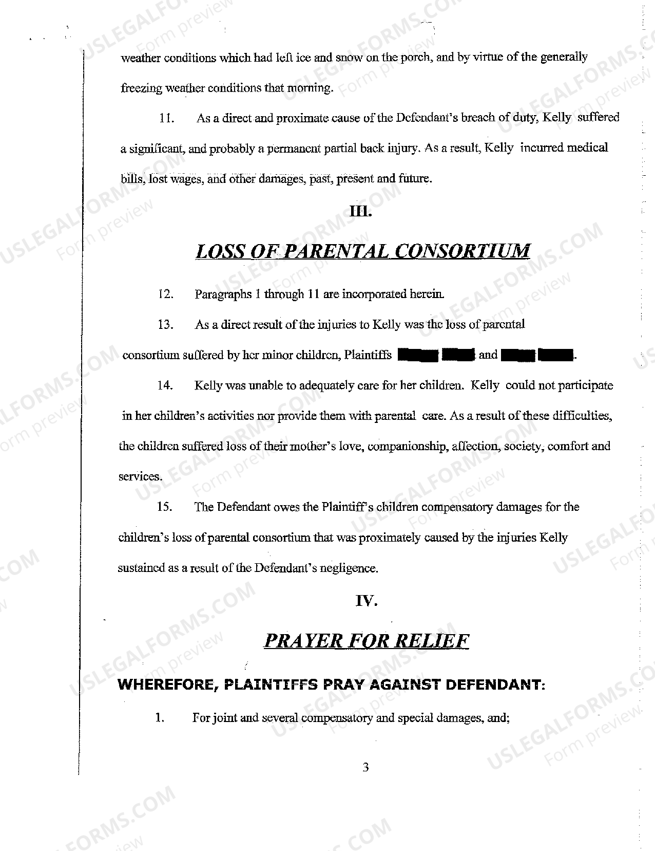 Vermont Amended Complaint for Personal Injury and Loss of Parental ...