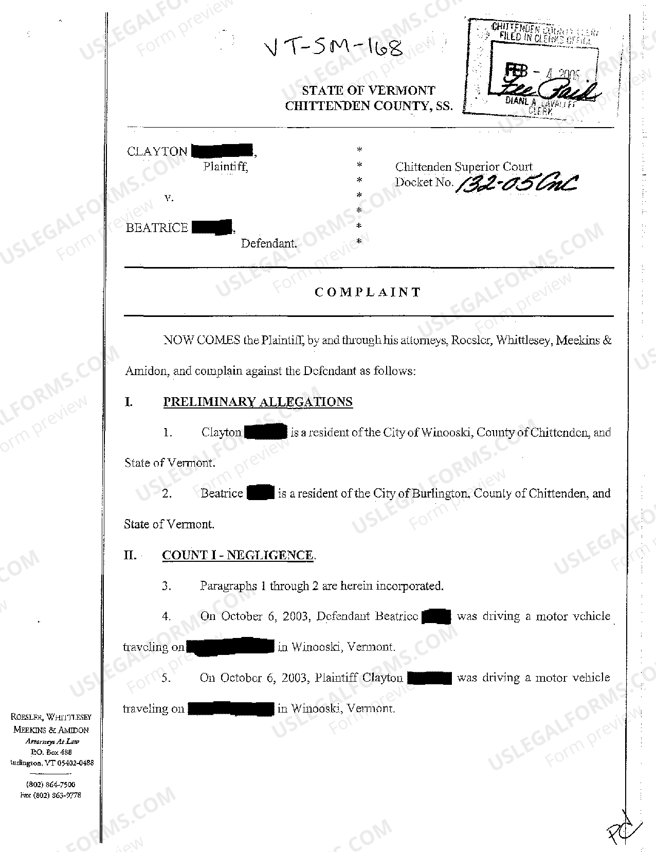 Vermont Complaint for Personal Injury Due to Negligent Operation of ...