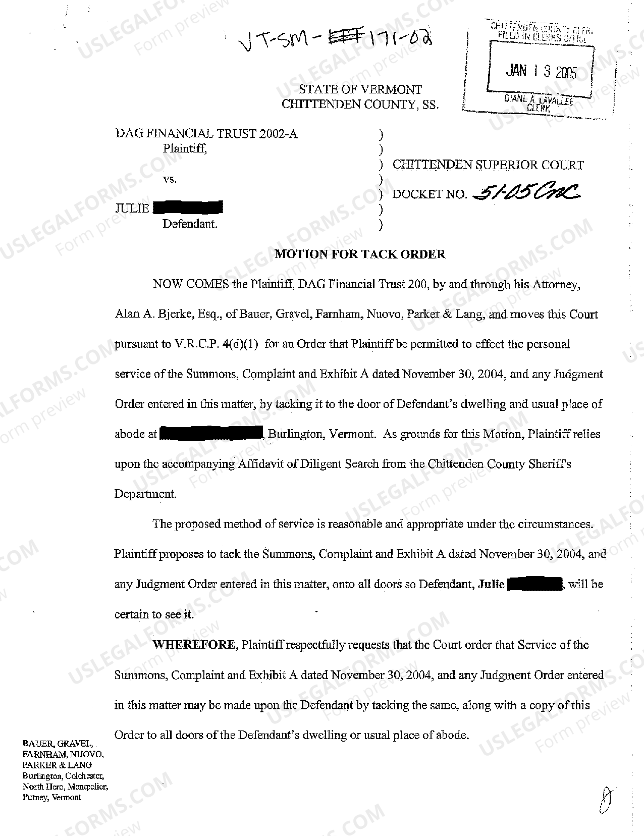 Vermont Motion for Allowing Service to be Effectuated by Tacking ...