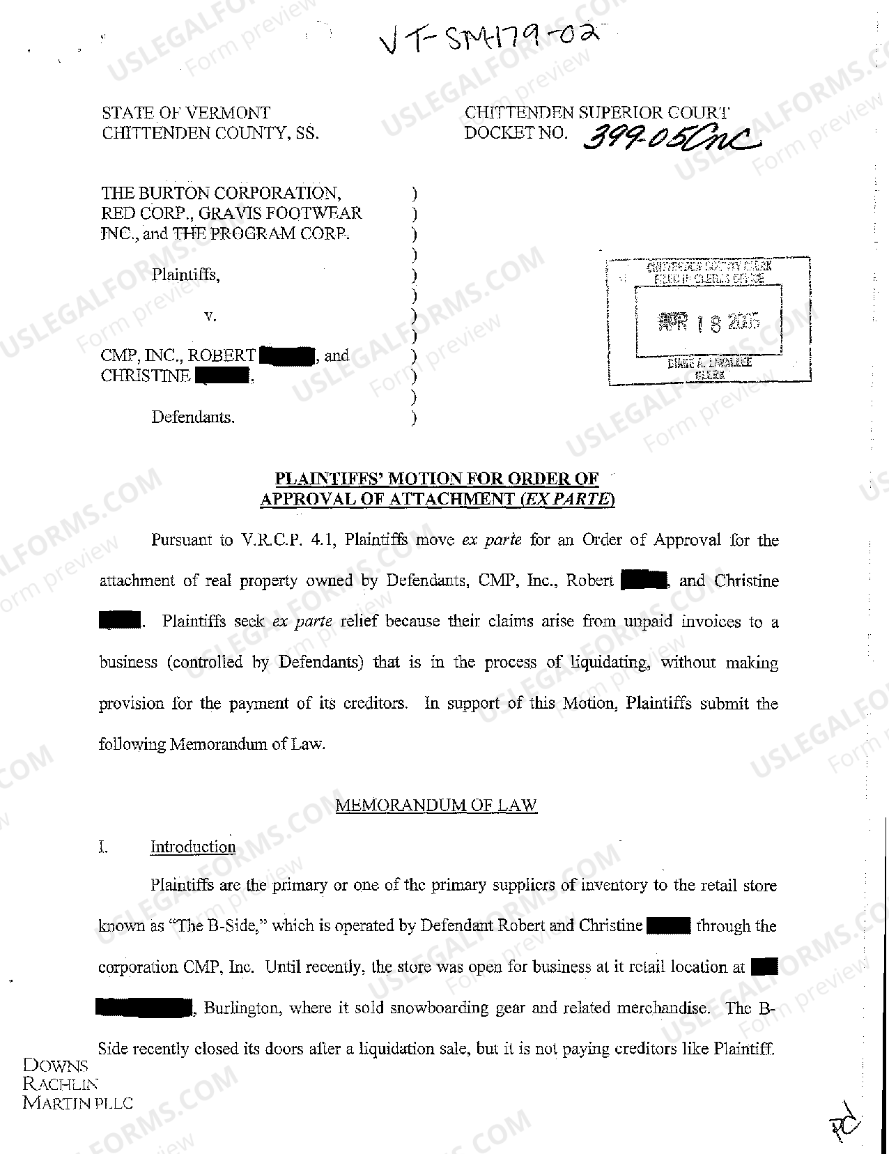 Vermont Plaintiffs' Motion for Order of Approval of Attachment Ex Parte | US Legal Forms