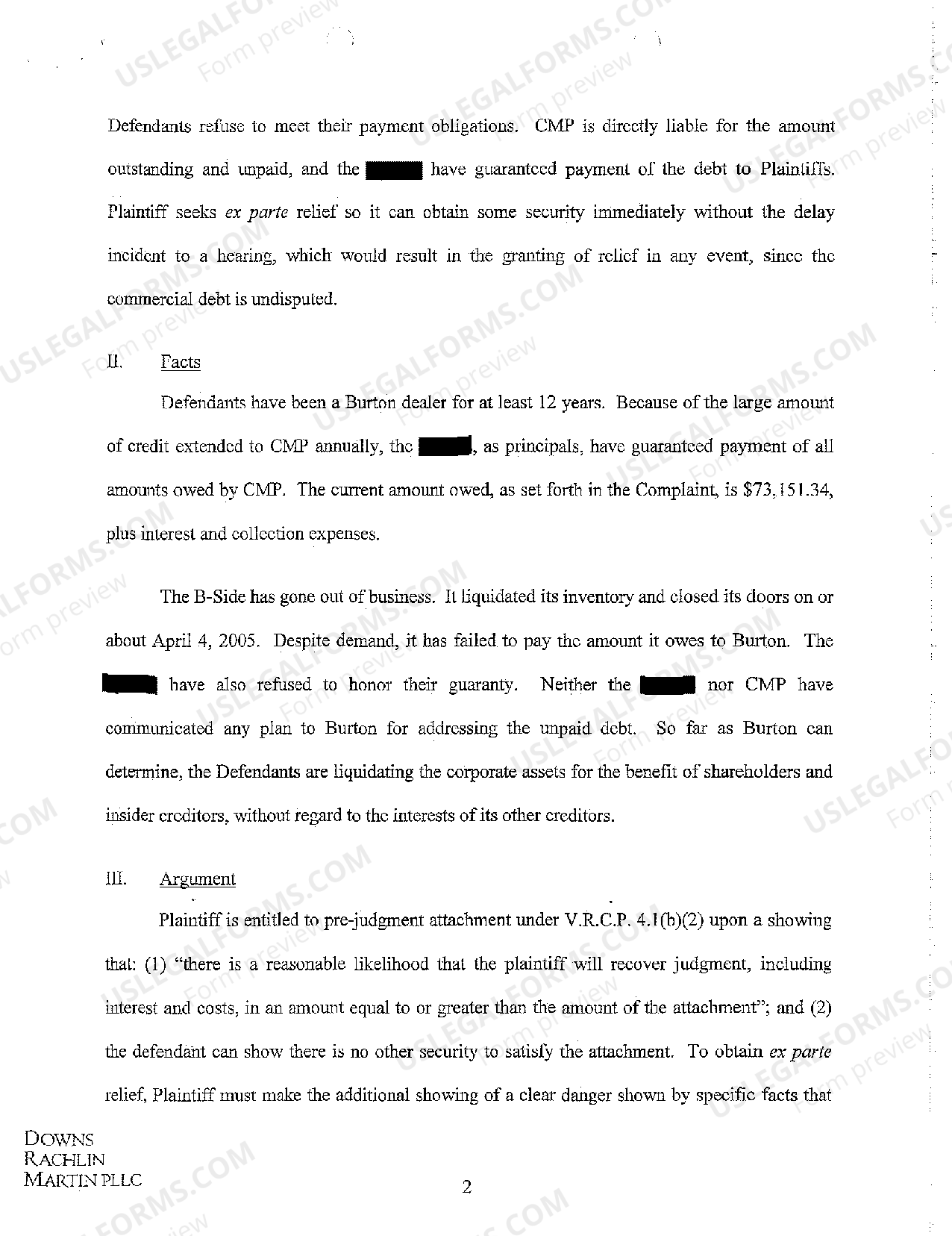 Vermont Plaintiffs' Motion for Order of Approval of Attachment Ex Parte ...