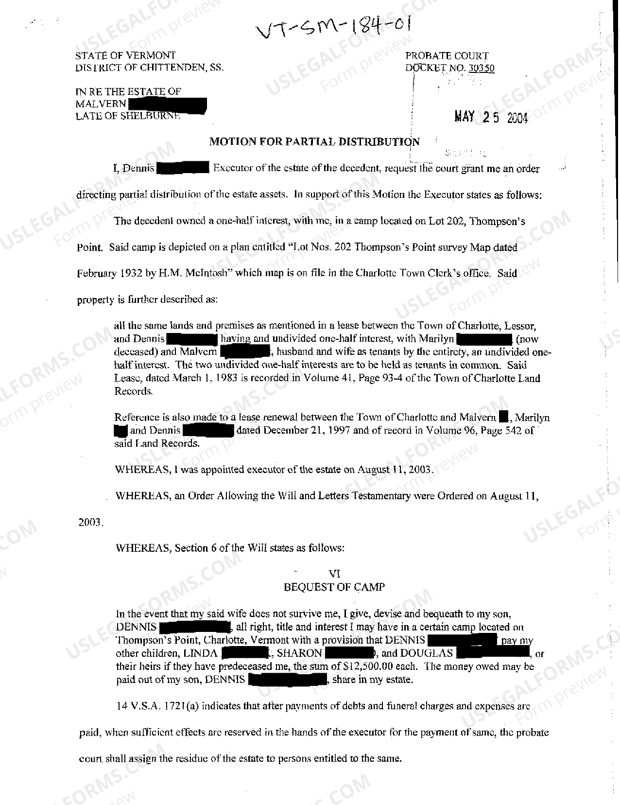 Vermont Motion for Partial Distribution of Estate Assets regarding ...