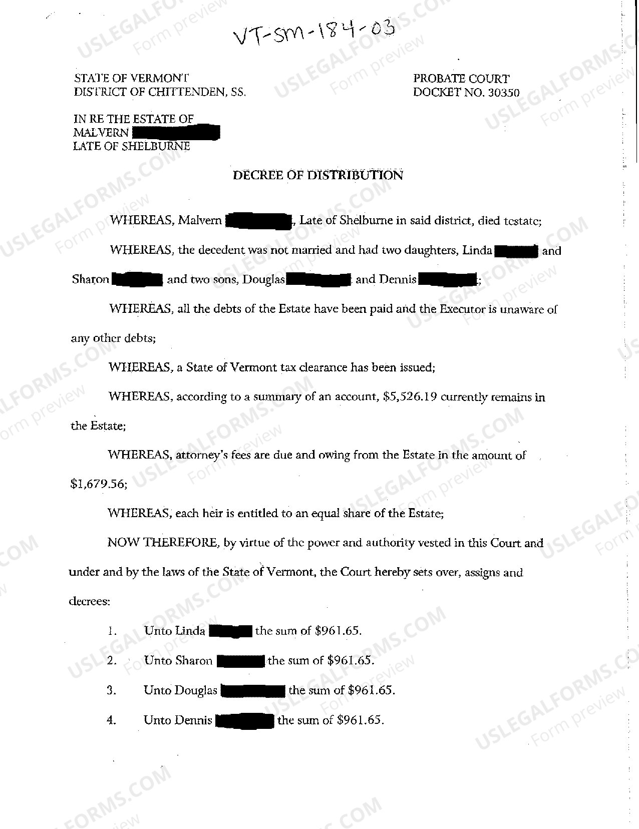 Vermont Decree of Distribution regarding Testate Estate | US Legal Forms