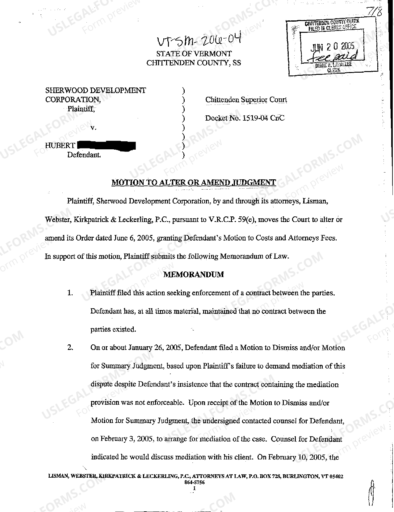 Vermont Motion to Alter or Amend Judgment to Deny Defendant's Attorneys ...