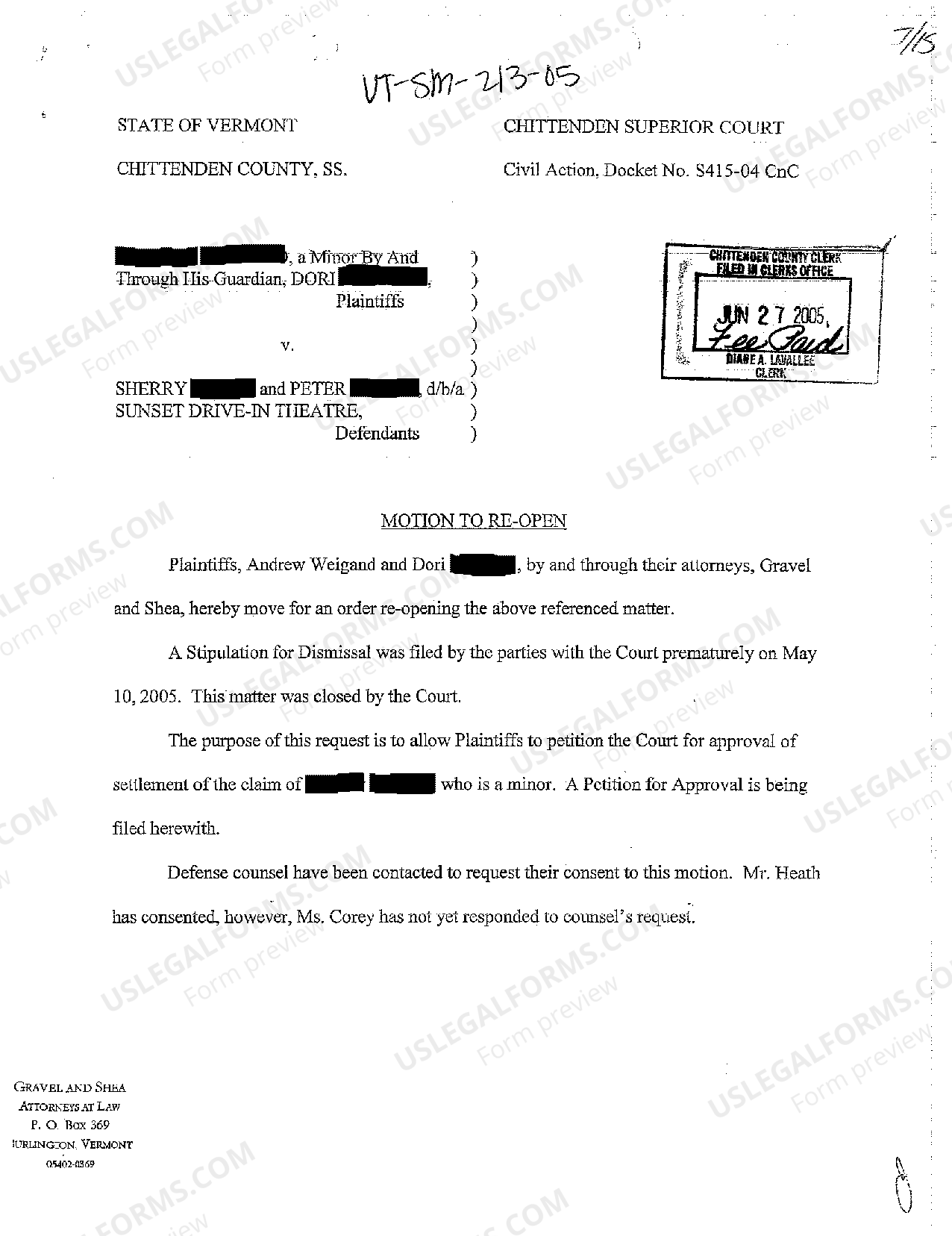 Vermont Motion to Reopen for Approval of Settlement | US Legal Forms