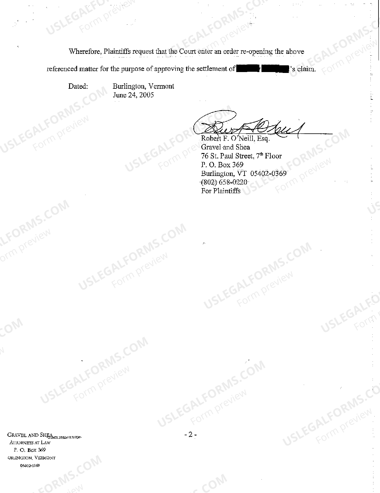 Vermont Motion to Reopen for Approval of Settlement | US Legal Forms