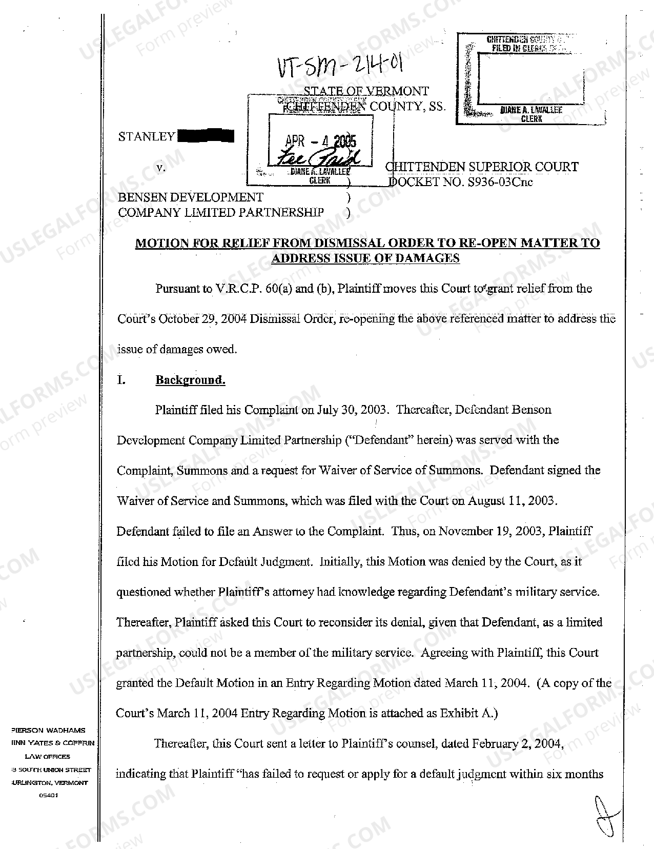 Vermont Motion for Relief from Dismissal Order to Reopen Matter to ...