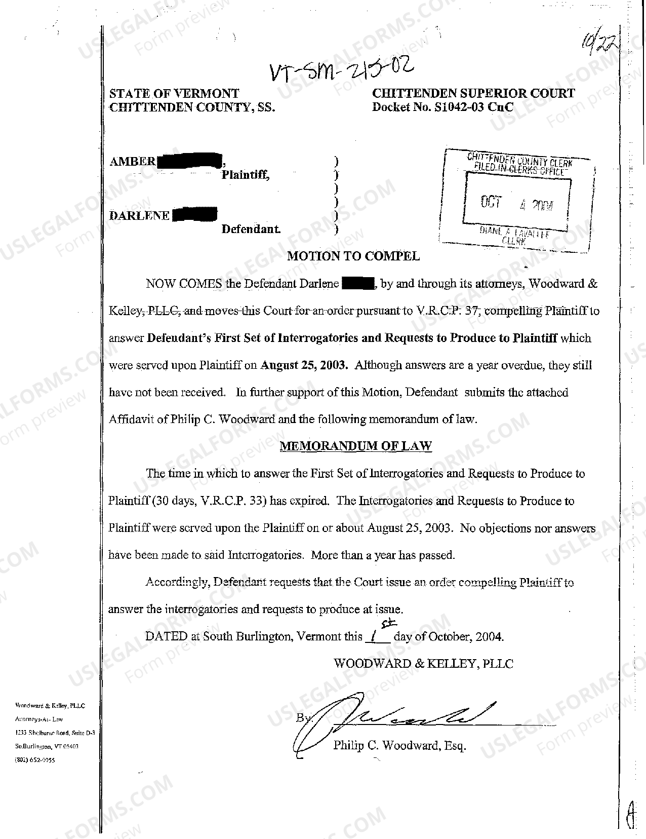 Vermont Motion to Compel Plaintiff's Answer to First Set of Interrogatories and Requests to ...