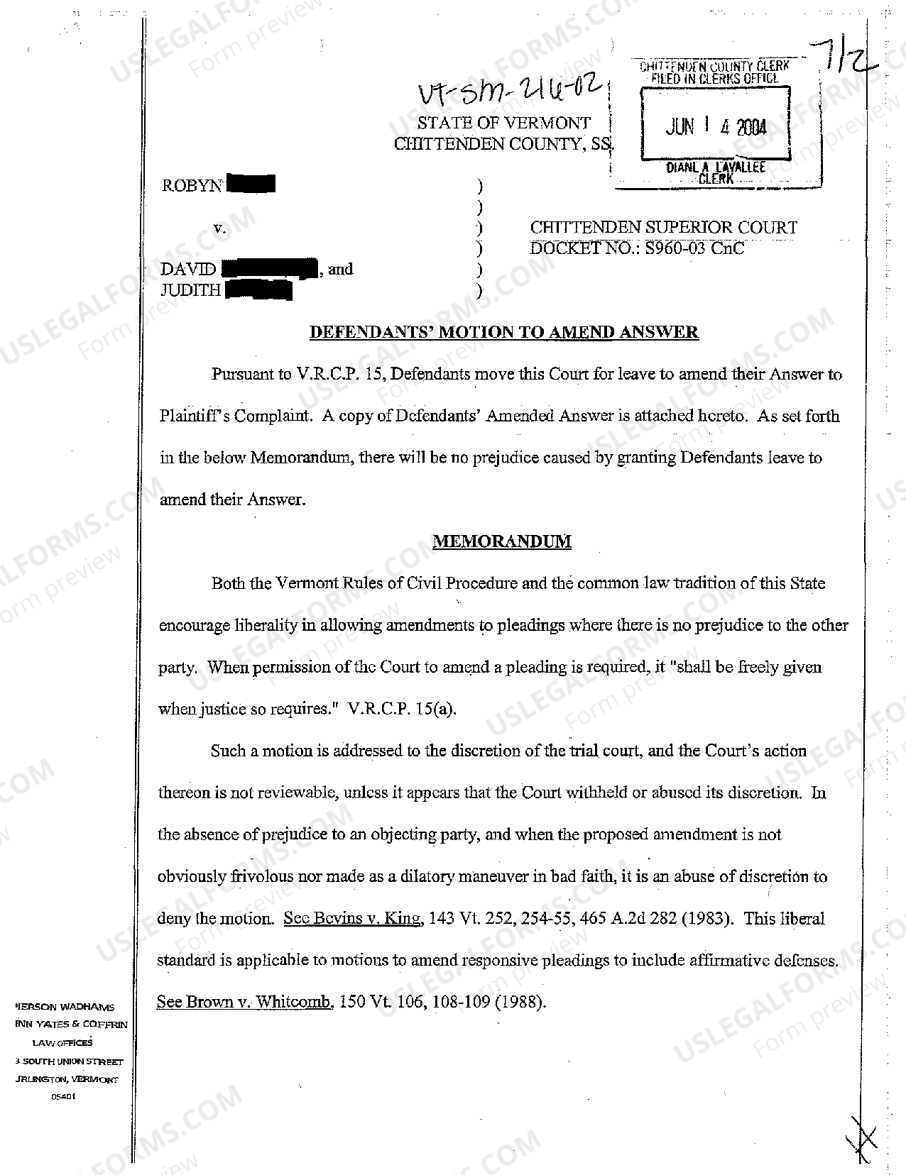 Vermont Defendant's Motion to Amend Answer | US Legal Forms