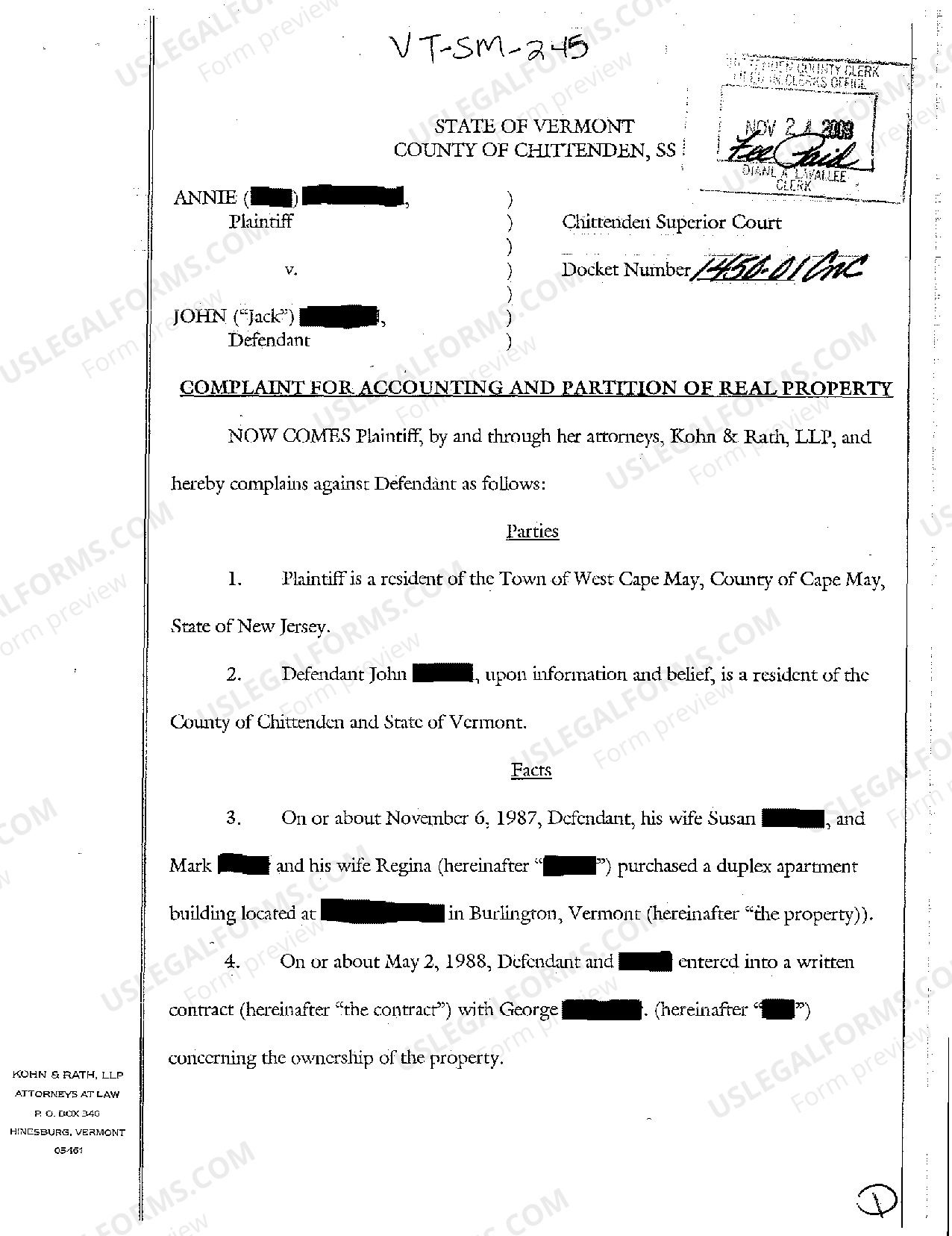 Vermont Complaint for Accounting and Partition of Duplex Housing Unit ...