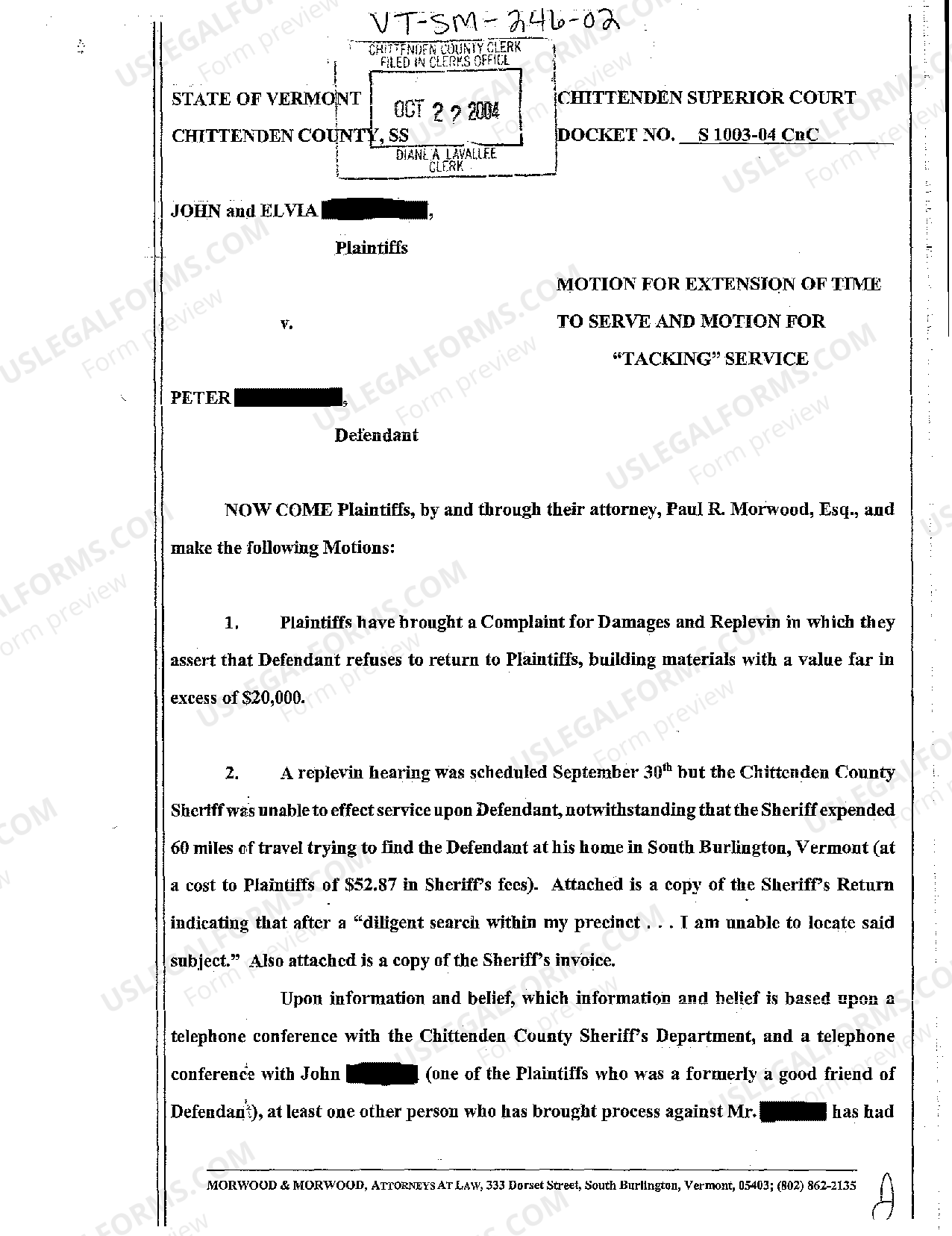 Vermont Motion for Extension of Time to Serve and Motion for Tacking ...