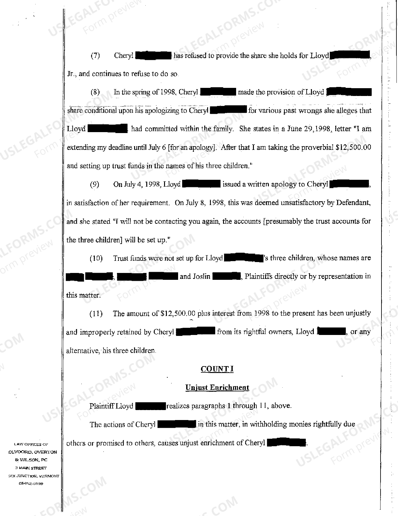 Vermont Complaint for Constructive Trust | US Legal Forms