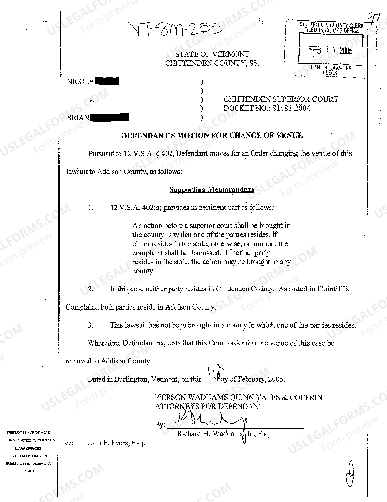 Vermont Defendant's Motion for Change of Venue | US Legal Forms