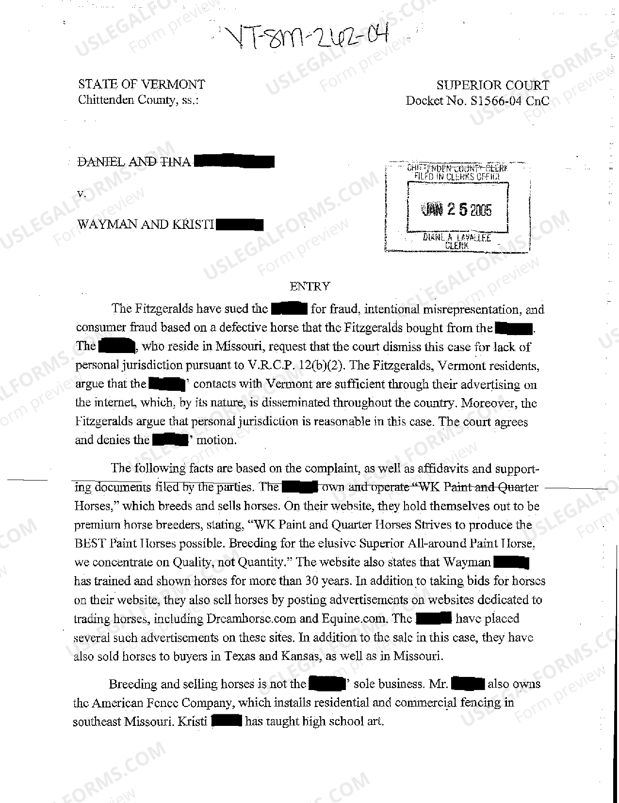 Vermont Entry of Order Denying Motion to Dismiss on Issue of ...
