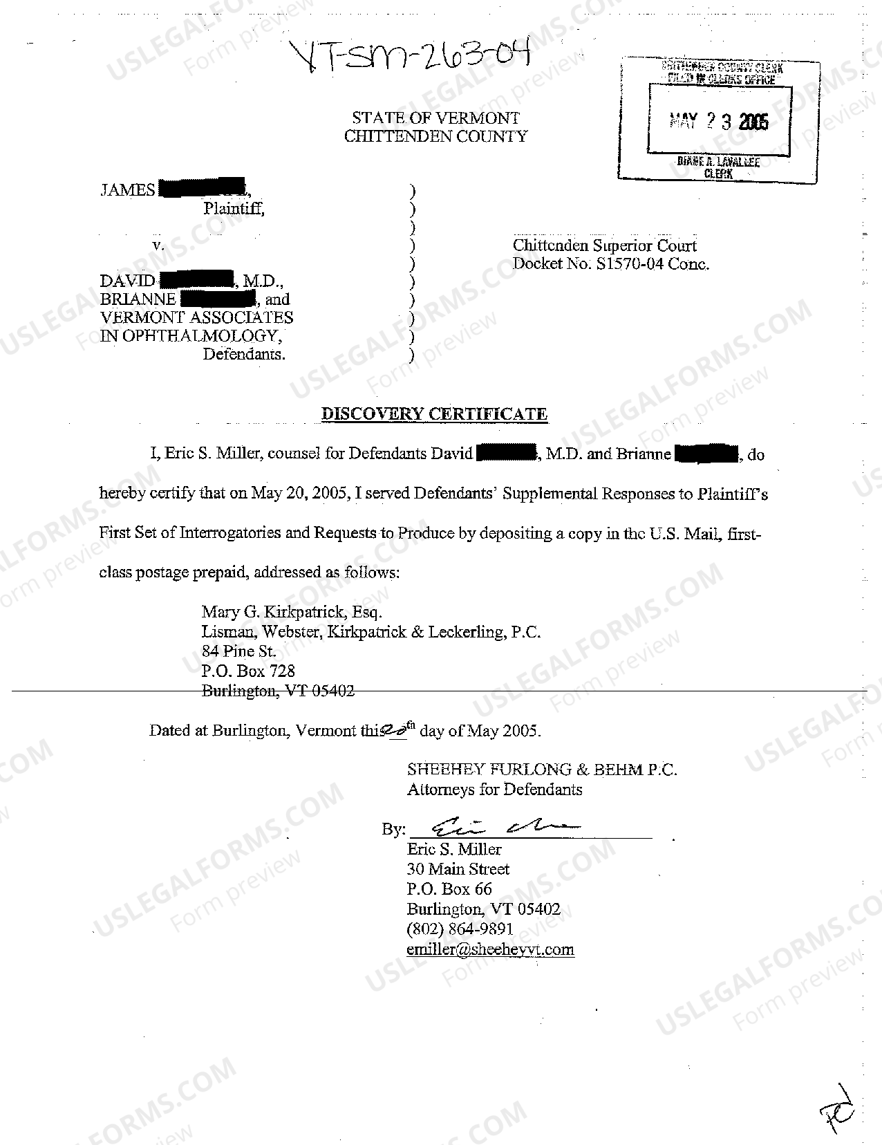 Vermont Discovery Certificate regarding Responses to Interrogatories ...