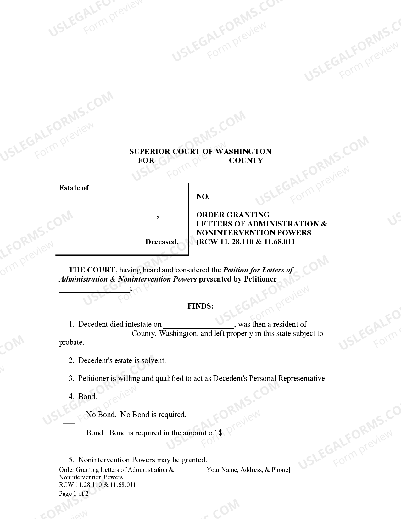 Washington Order Granting Letters of Administration & Nonintervention ...
